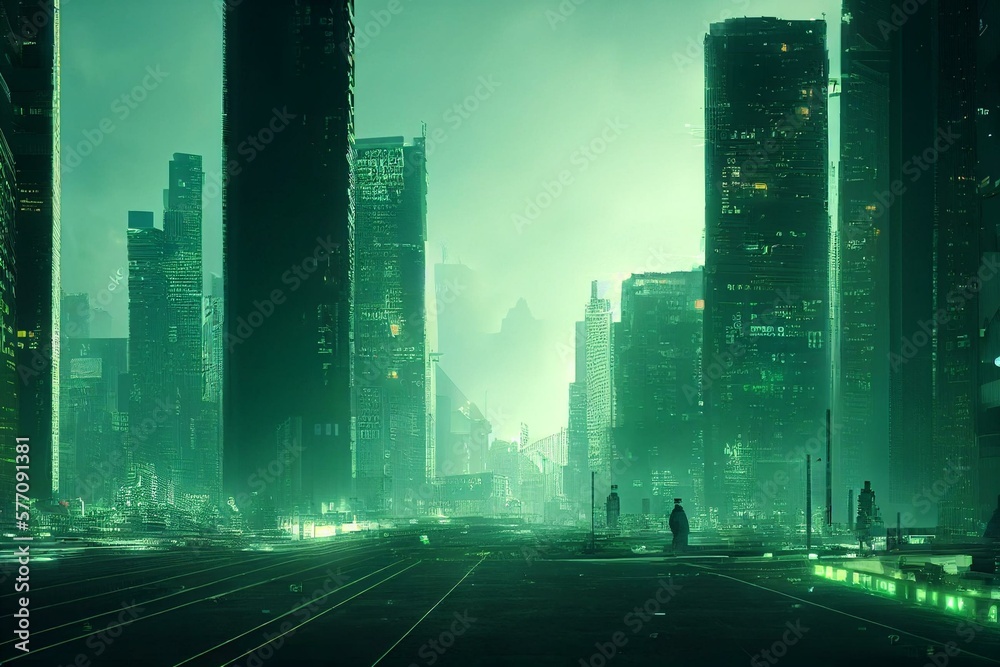 city street with tall buildings on both sides. Matrix city. Futuristic ...
