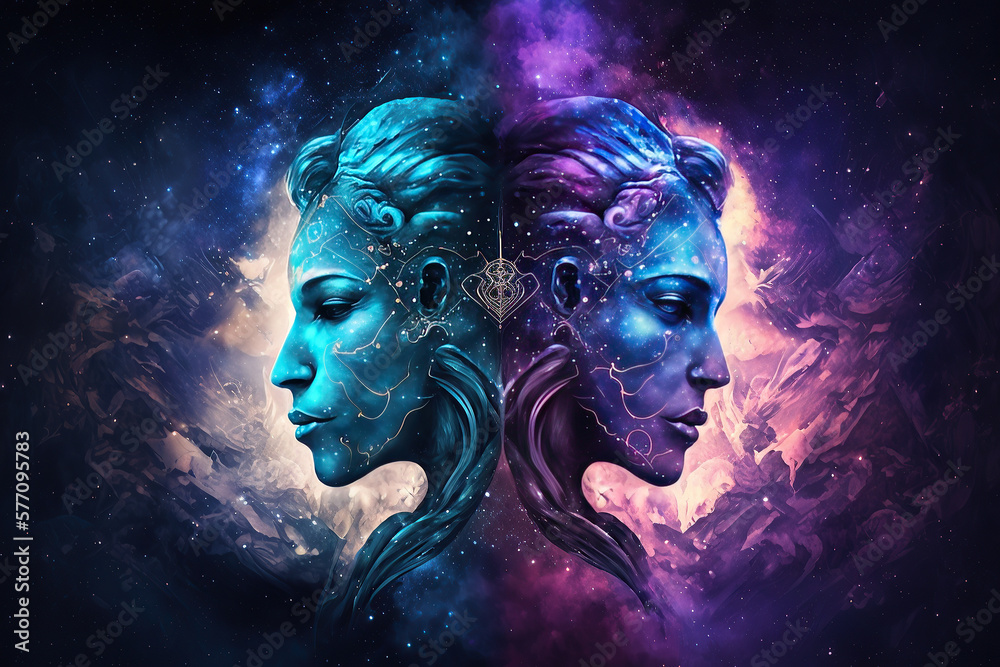 Front gemini zodiac sign against nebula background. Generative AI Stock ...