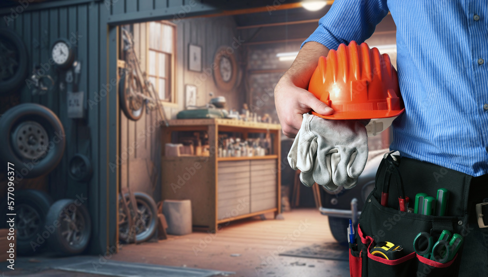 Mechanic with tool bag - background was generated with artificial ...