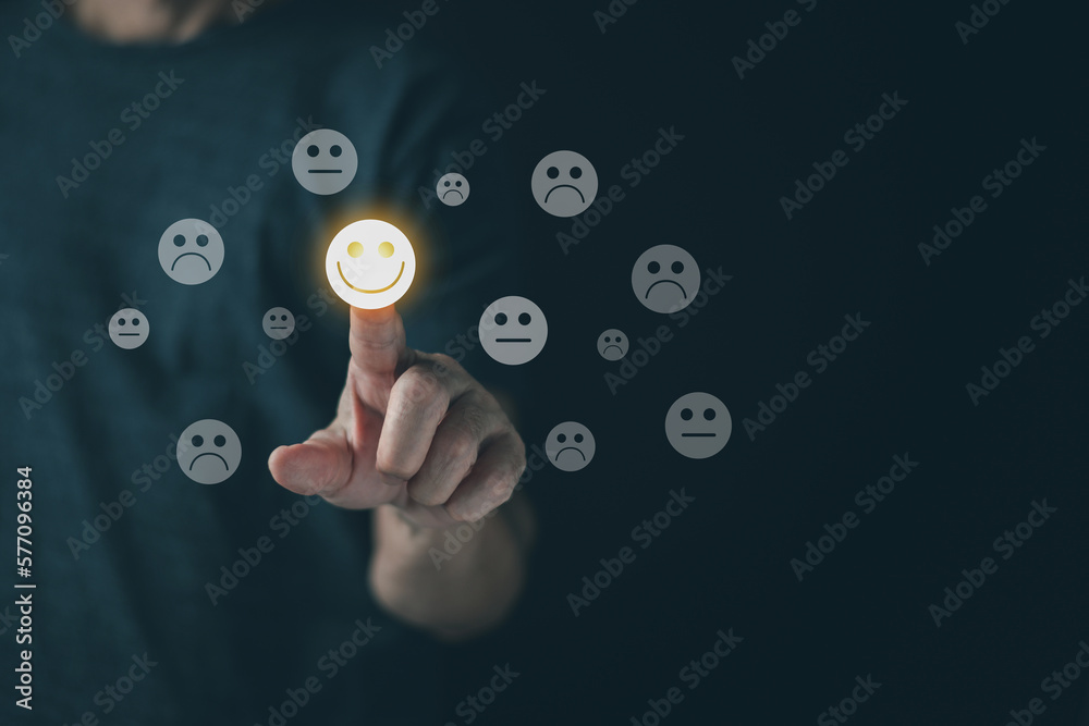 HRM or Human Resource Management, man hand point to the smile face ...