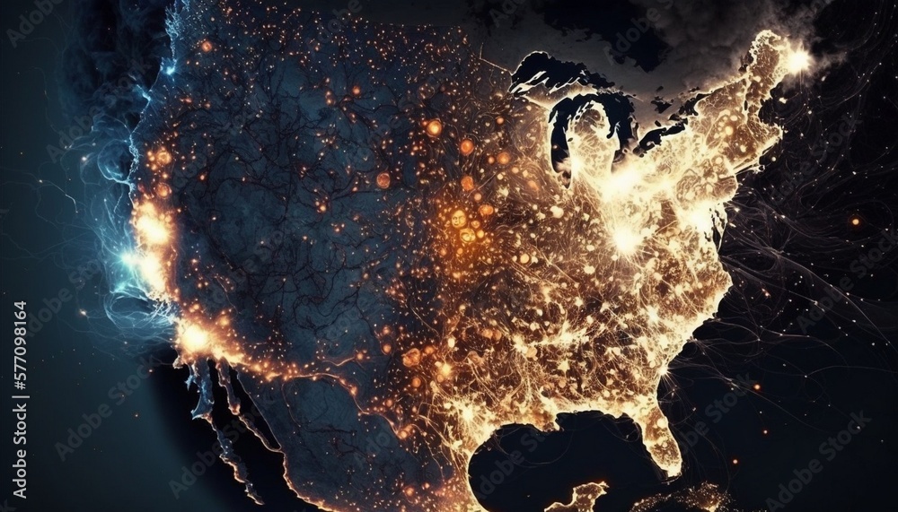 America at night viewed from space with city lights shown. Technology ...