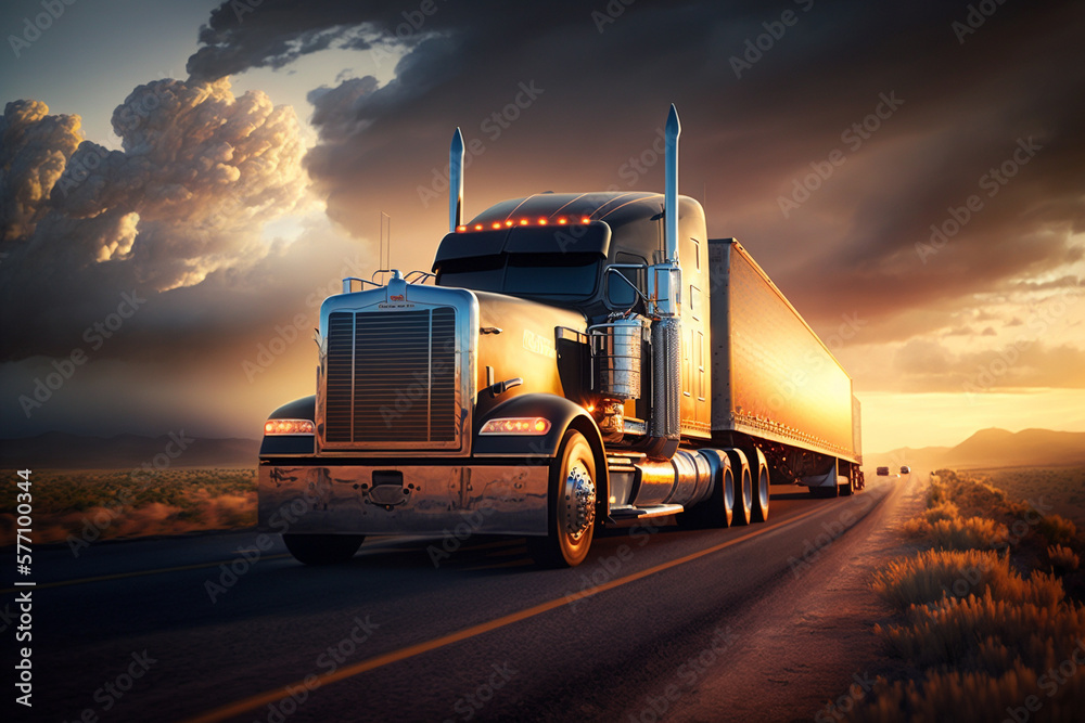 Cargo Trucks on the Highway at Sunset carrying merchendise. Beautiful ...