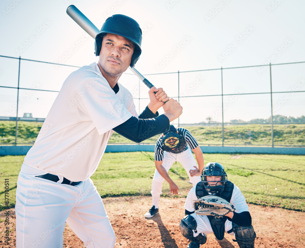 Sports, baseball and serious team on field ready to hit in game ...