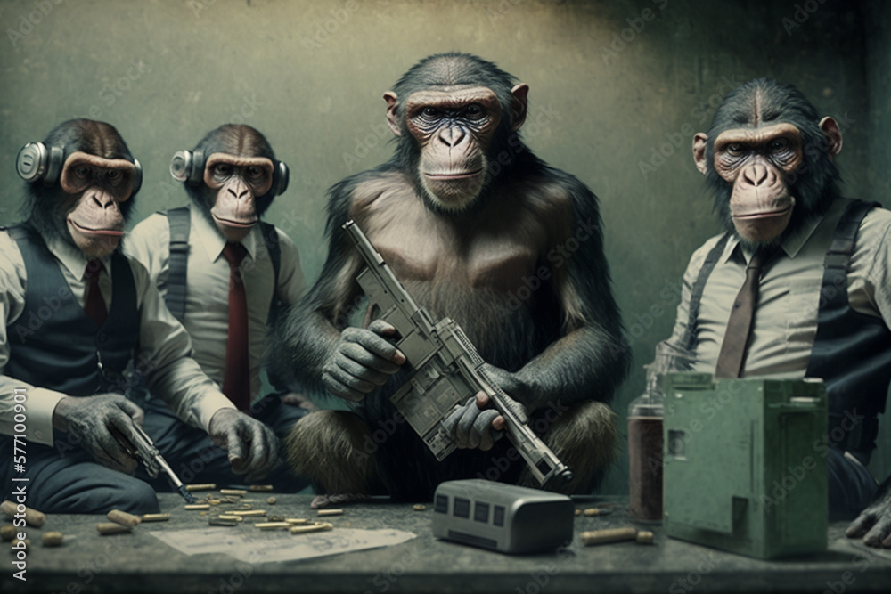 Monkeys dressed in business suits holding guns and rifles, with money ...