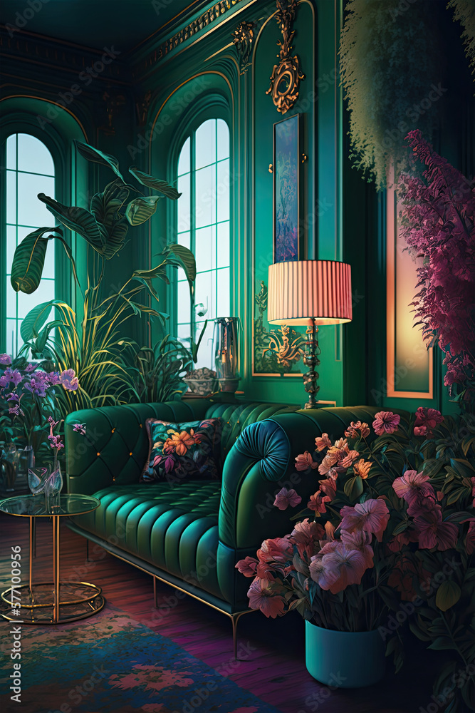 Architectural Digest photo of a maximalist green living room with lots ...