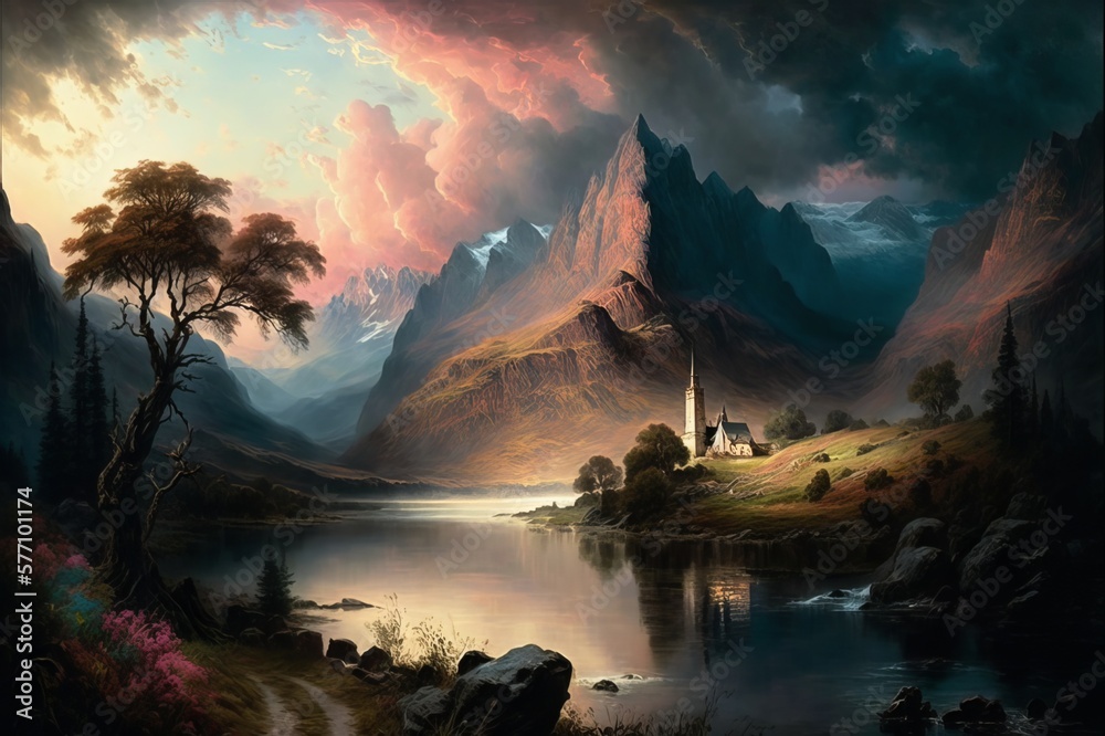 Renaissance era painting with a tranquil natural landscape with ...