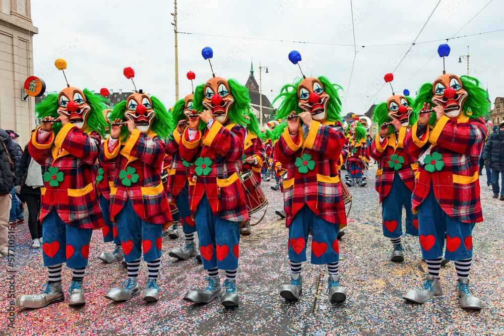 Basel Fasnacht, street costume carnival with flutes, drummers and ...