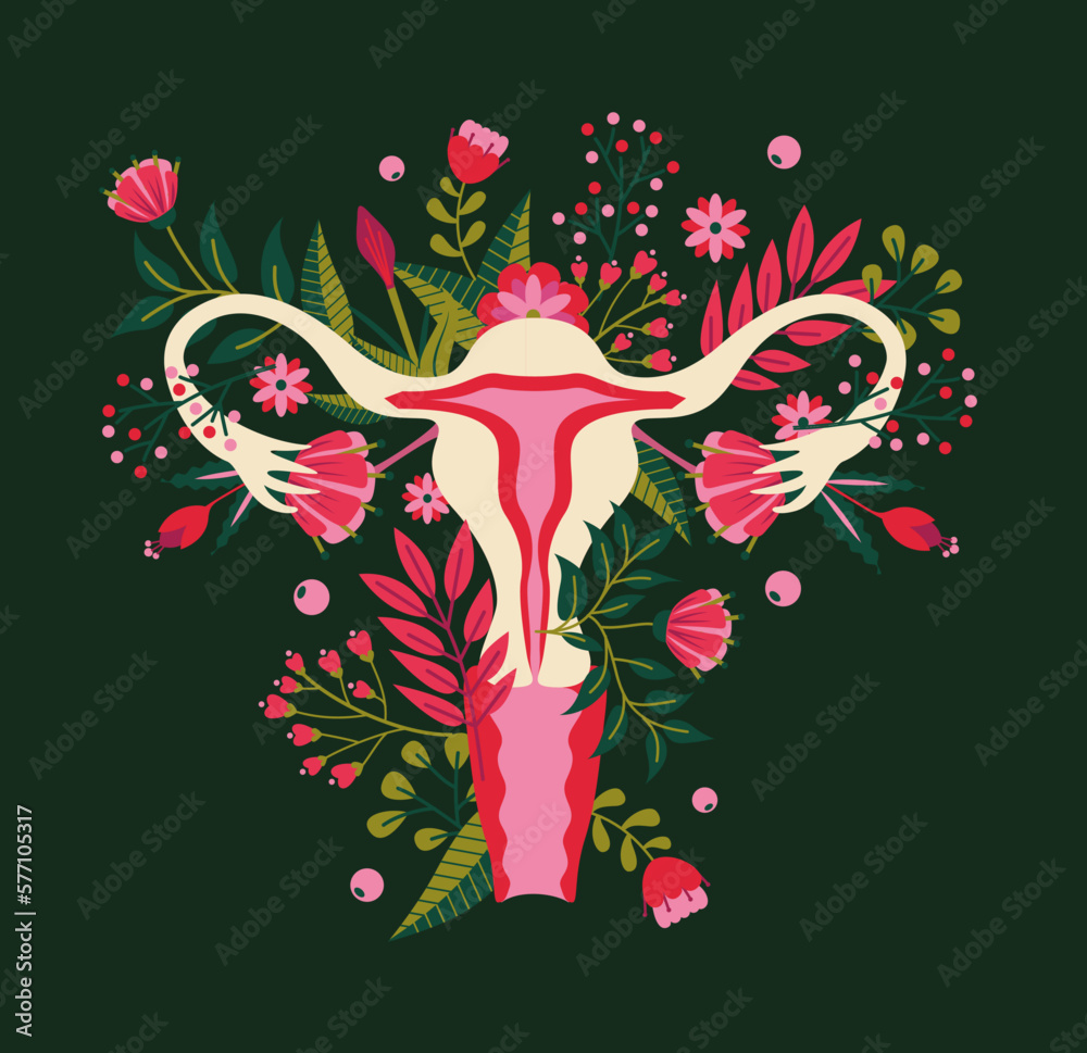Vector illustration female reproductive system fantasy with flowers and ...