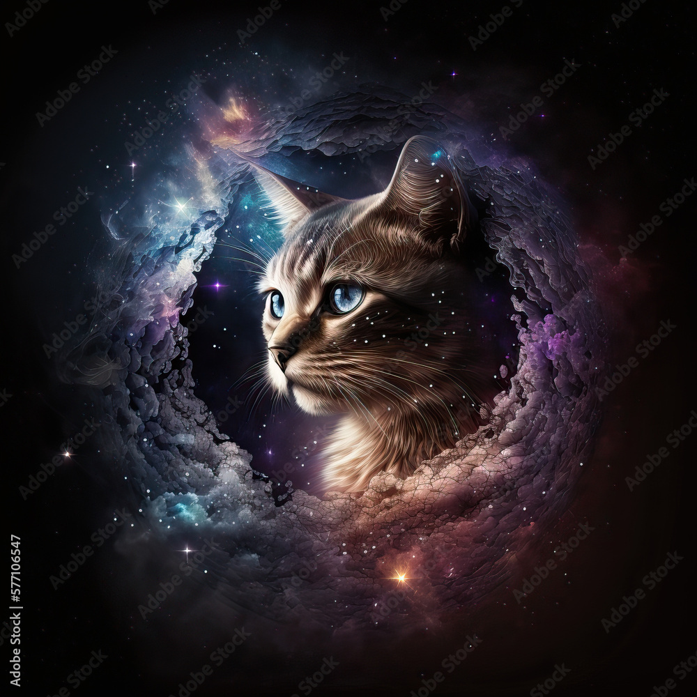 Cinematic portrait of a cosmic cat made of nebula and stardust ...