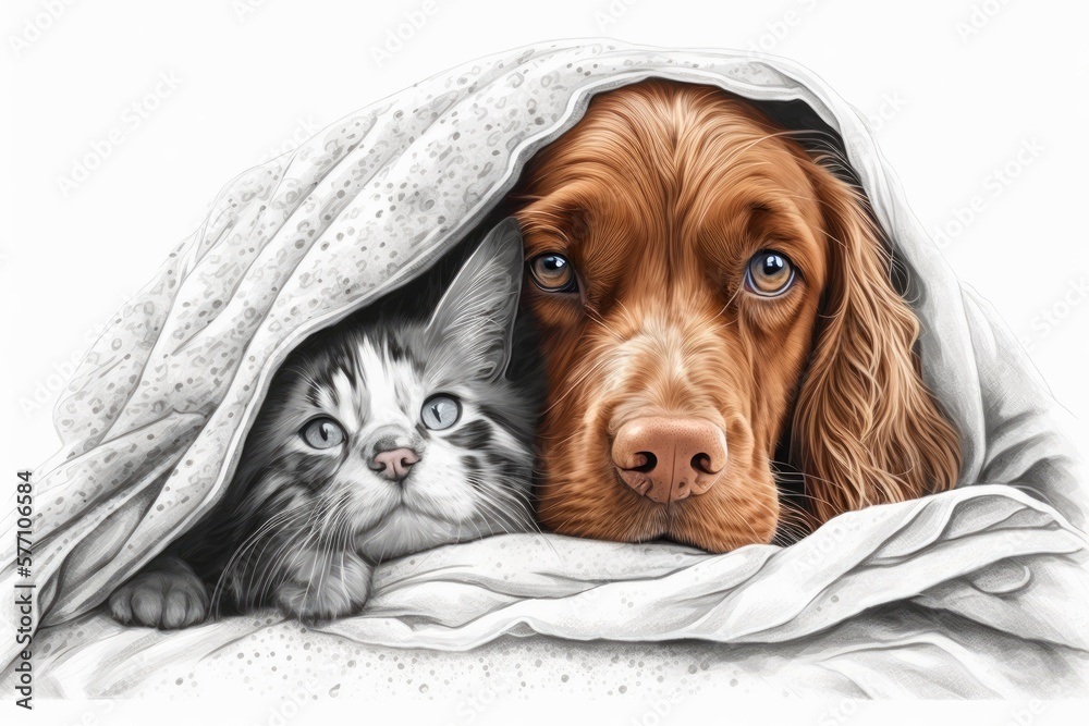 A young English Cocker spaniel cuddles with a kitten. At home, pets ...