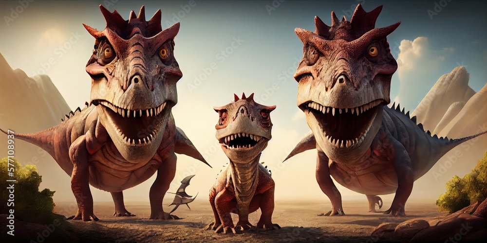 Scary raptor dinosaur family with parents and brood, generative ai ...