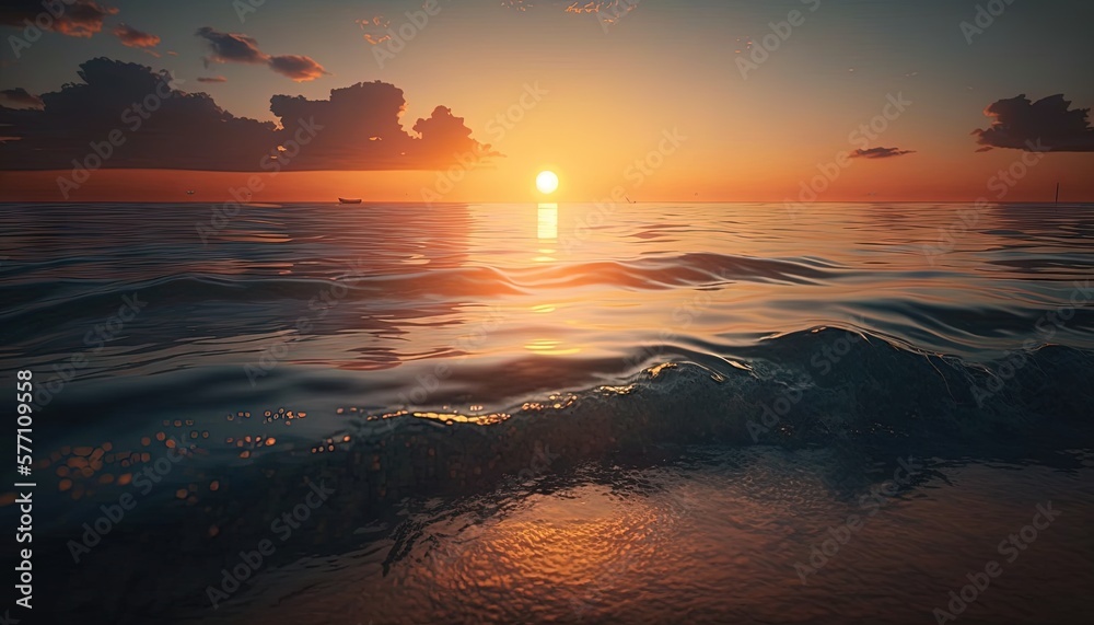 a painting of a sunset over a body of water with a boat in the distance ...