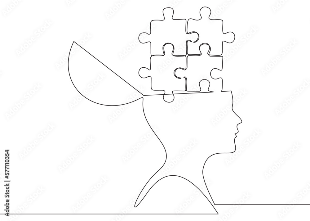 Continuous line art or One Line Drawing of Human Brain with Jigsaw ...