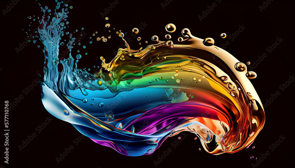 Rainbow liquid paint wave, water splash, on the Black background ...