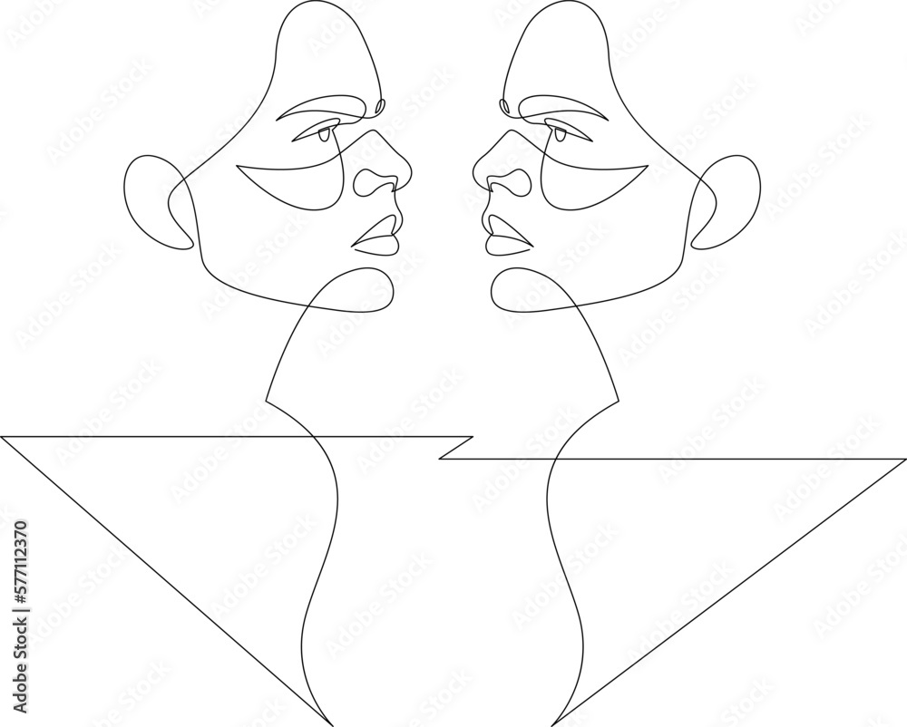 Continuous one line drawing angry woman against her own reflection ...