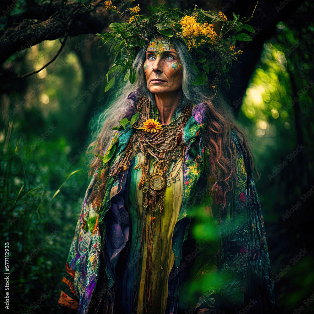 Nature witches, middle-aged, elder woman connected to nature, beautiful ...