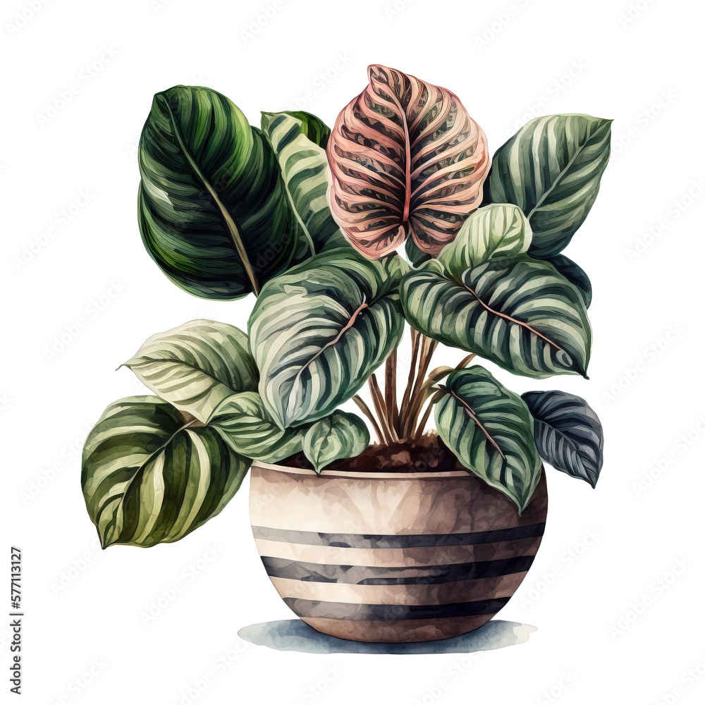 Watercolor calathea orbifolia. Drawing of a plant in a pot with leaves ...