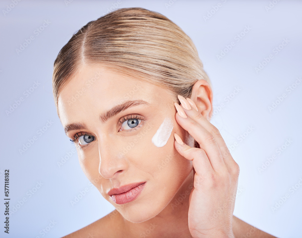 Face portrait, skincare and woman with cream in studio isolated on a ...
