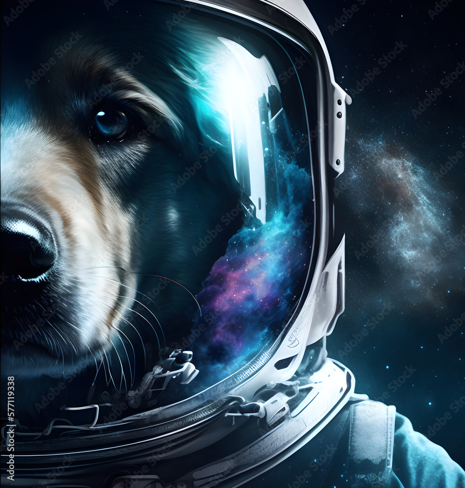 Front view astronaut dog potrait. Astronaut dog in space suit with ...
