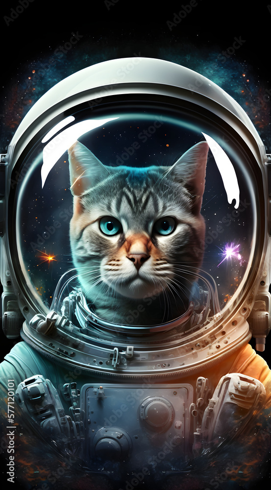 Front view astronaut cat potrait. Astronaut cat in space suit with ...
