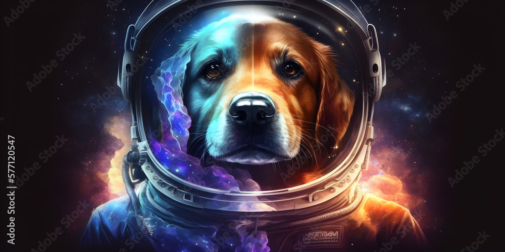 Front view astronaut dog potrait. Astronaut dog in space suit with ...