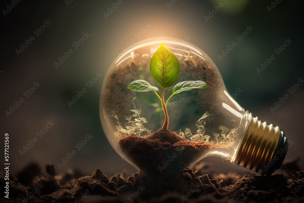 Light bulb with a plant sprout inside. Concept of green energy saving ...