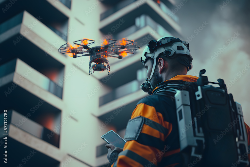Fireman controls drone. Fire fighting drone flying for extinguish a ...