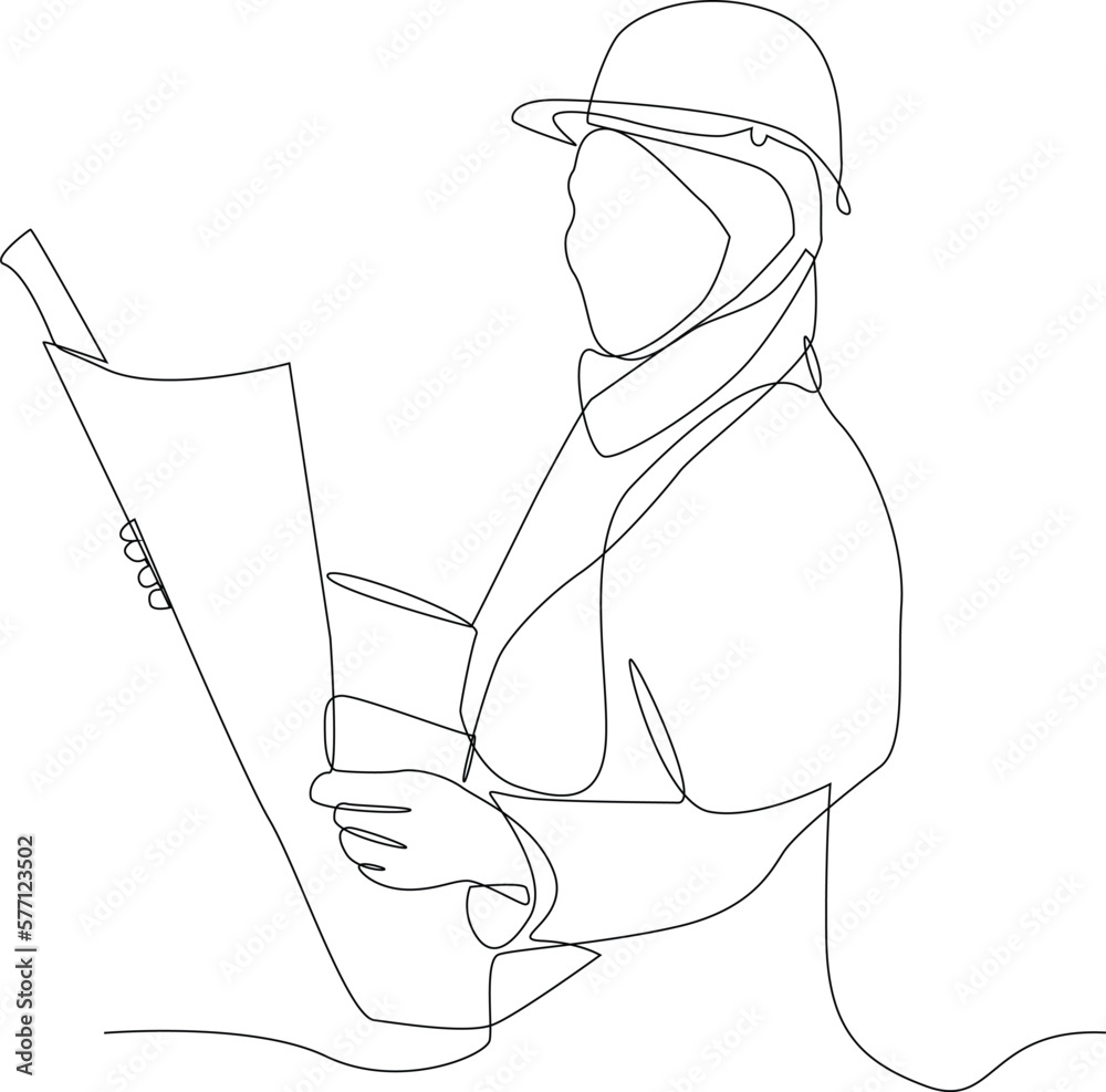 Single continuous line drawing of young female architect holding ...