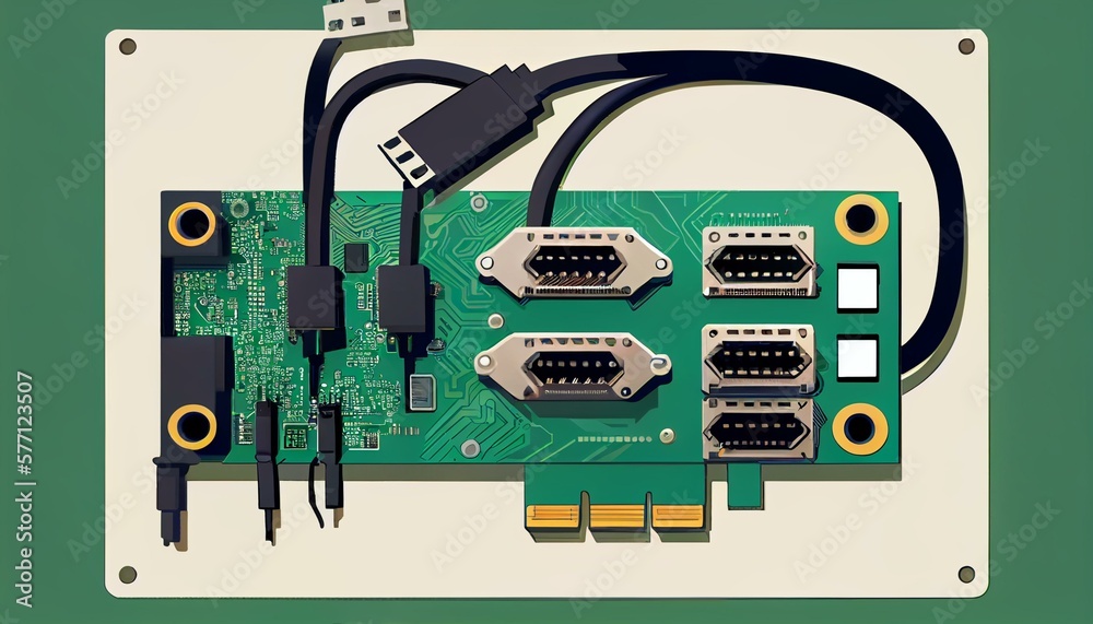 An illustration of a network interface card with ports and cables ...