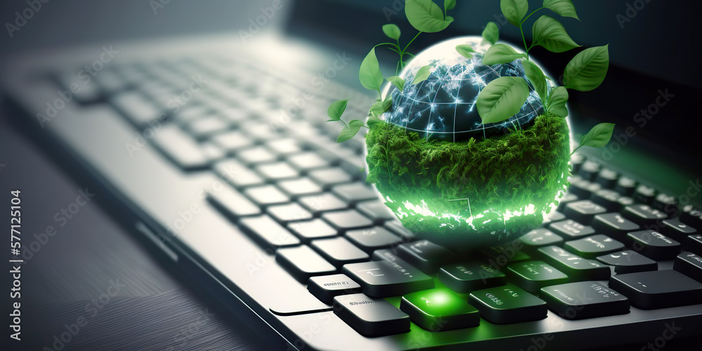 Technology with the concept of nature. Laptop keyboard with green globe ...