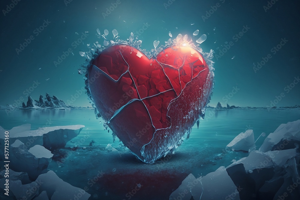 Generative ai a huge heart in ice at bottom of ocean, cracking ice ...