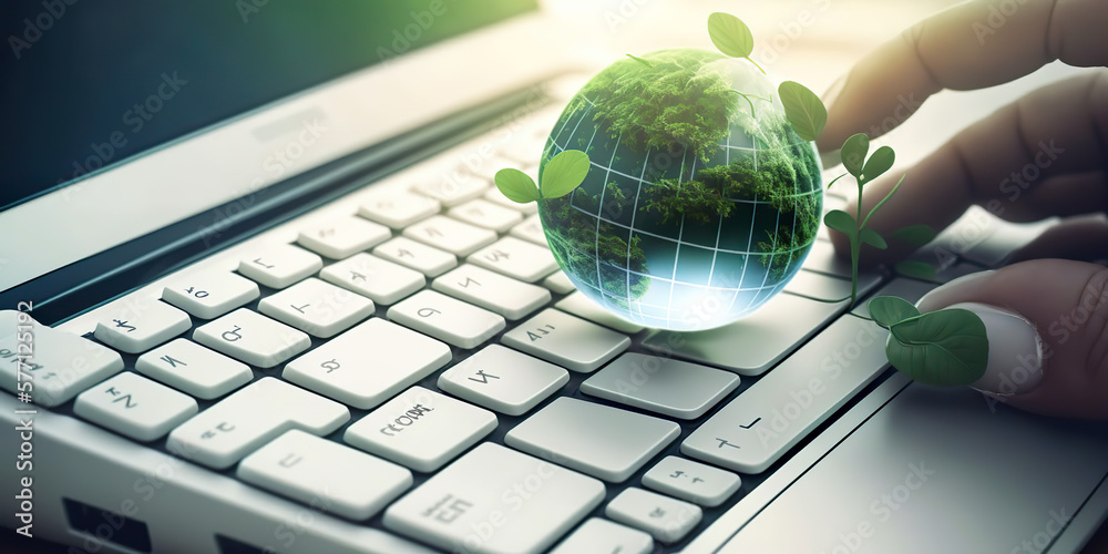 Technology with the concept of nature. Laptop keyboard with green globe ...