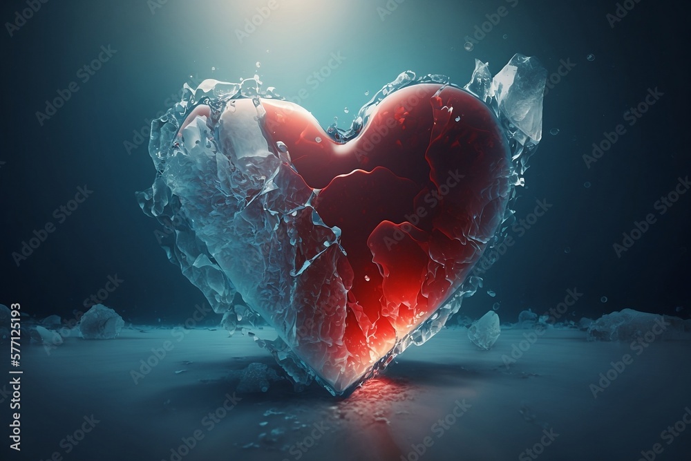 Generative ai a huge heart in ice at bottom of ocean, cracking ice ...