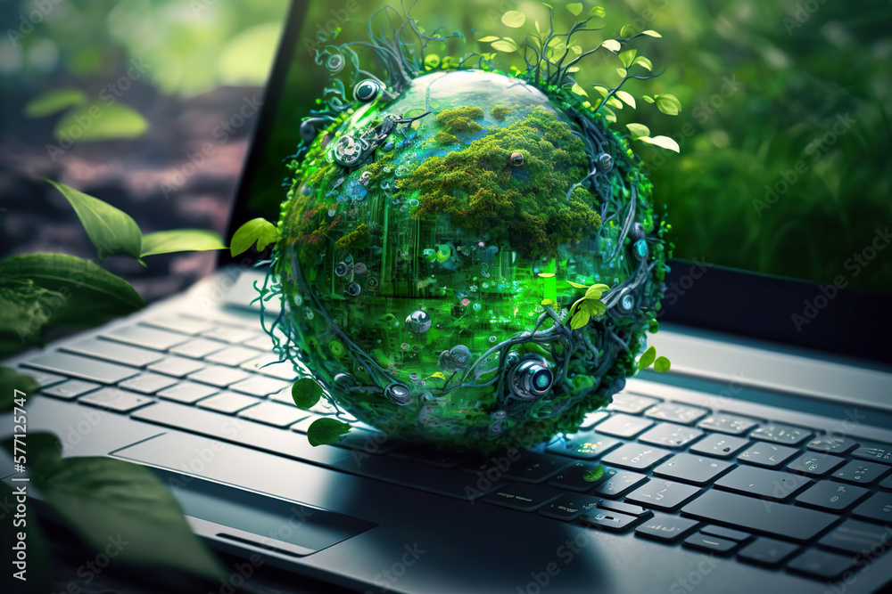 Technology with the concept of nature. Laptop keyboard with green globe ...