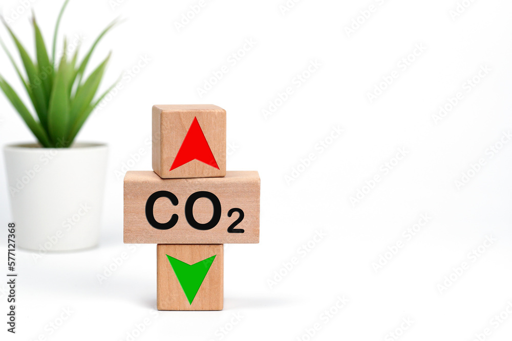 Text CO2 on wood cube block with arrow up down, concept of carbon ...