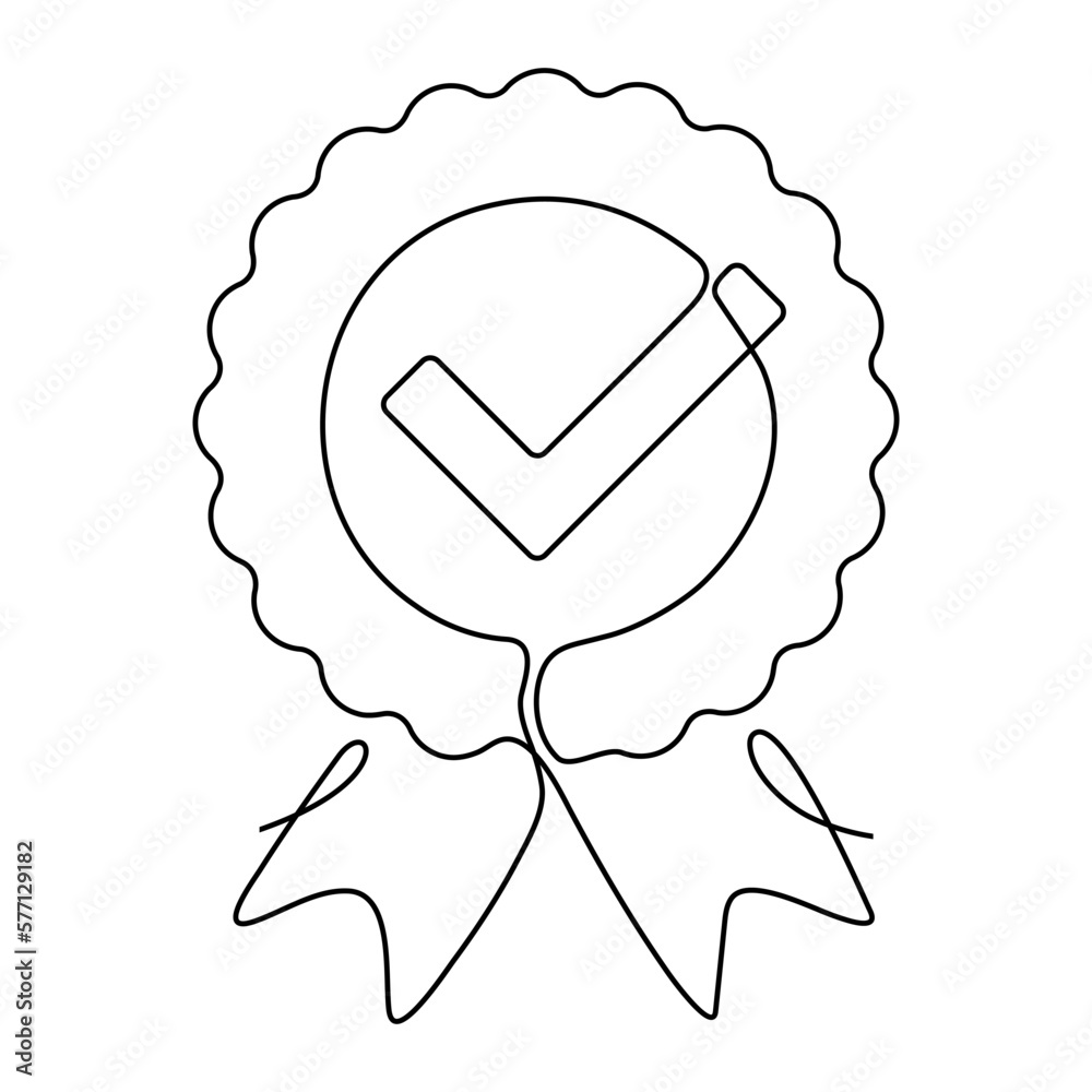 Award badge with checkmark continuous one line art drawing. Approval ...