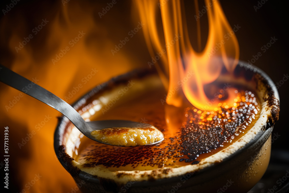 A close up of a crème brûlée being torched, with the caramelized sugar ...