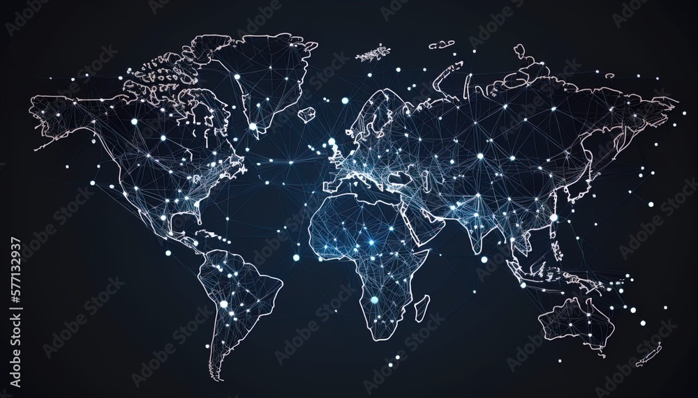 Digital network world map, data grid, dots, globalization international ...