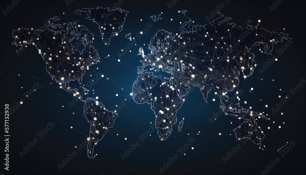 Digital network world map, data grid, dots, globalization international ...
