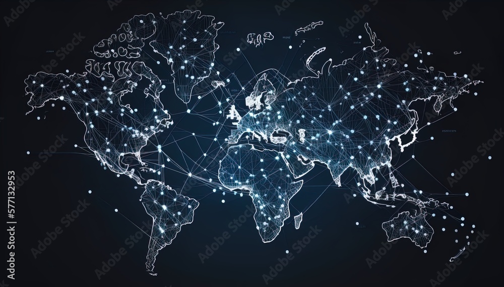 Digital network world map, data grid, dots, globalization international ...
