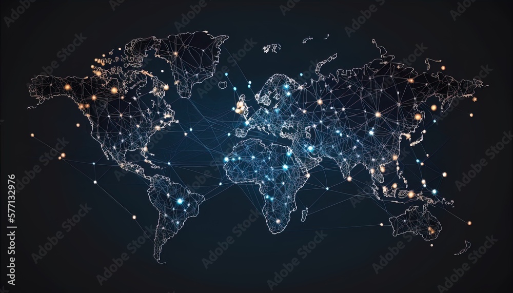 Digital network world map, data grid, dots, globalization international ...
