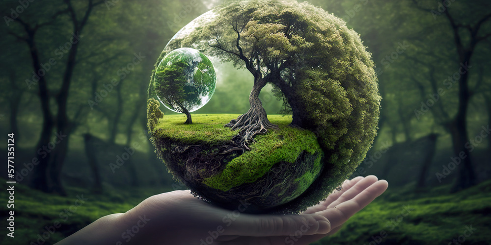 Sphere held in hand and the mossy natural environment inside, let’s protect our environment ...