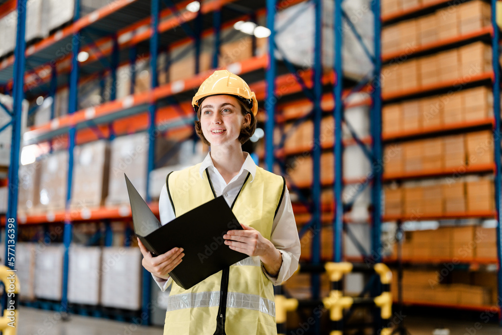 smart woman worker wearing working suite dress and safety helmet at ...
