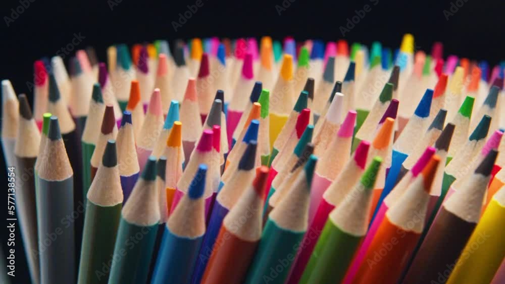 Vidéo Stock Lot of colored pencils rotate in a circle on a black ...
