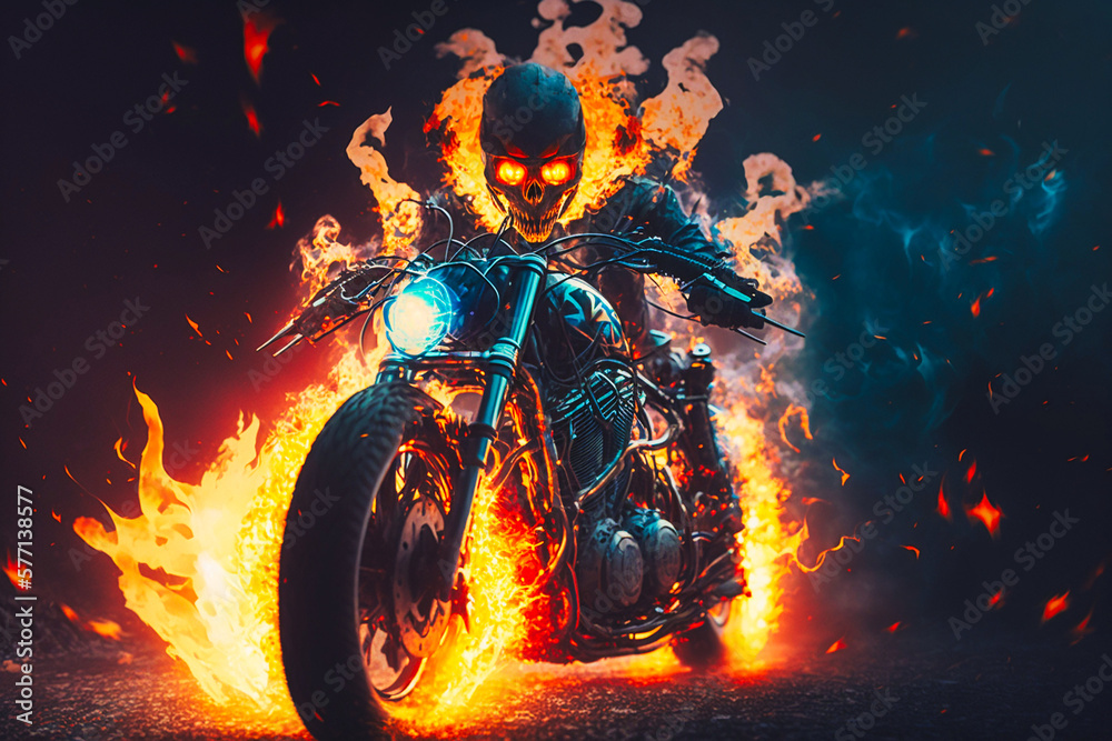 Fire skeleton rider on motorcycle scary ghost bike, generative AI Stock ...