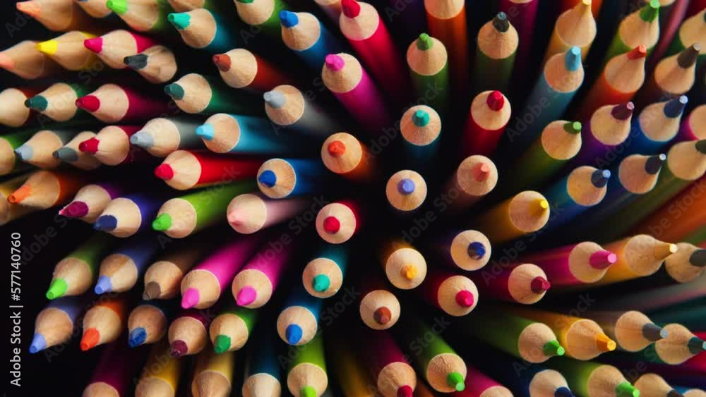 Sharpened Colored Pencils Rotating Slow Circular Rotation Top Down View. Pile of colored pencils ...