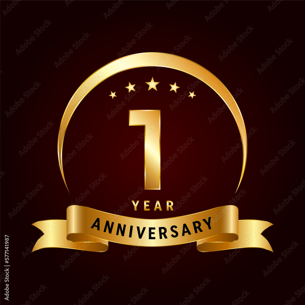 1st Anniversary logo design with golden ribbon. Logo Vector Template ...