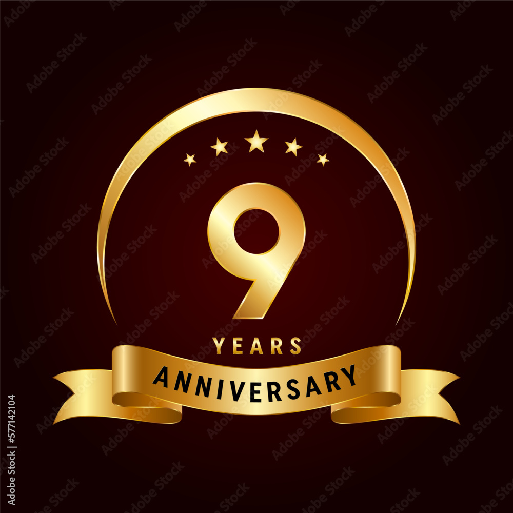 9th Anniversary logo design with golden ribbon. Logo Vector Template ...