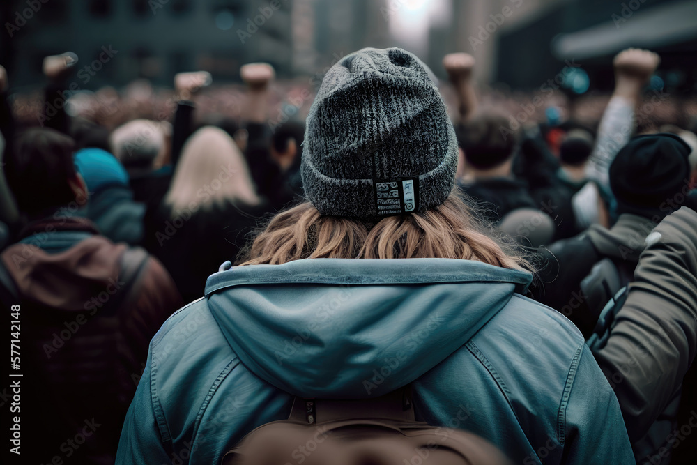 Back view of aggresive people protesting at city street. Protest ...