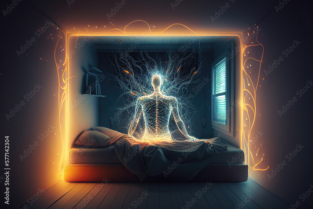 Astral body levitate over bed in the bedroom. Soul flies out of the ...